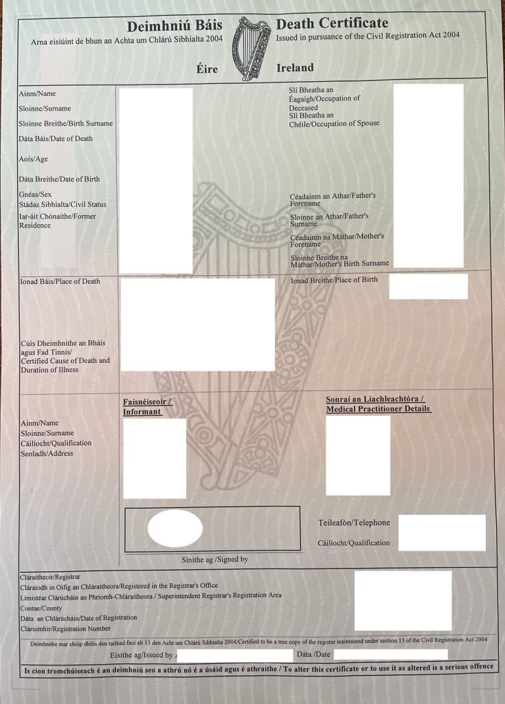 Certified Translation of Irish Death Certificate from English to ...